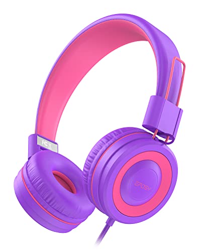 Kids Headphones, Eposy E10 Wired Headphones for Kids Foldable Stereo Bass Headphones with Adjustable Headband, Tangle-Free 3.5 mm Jack for School, On-Ear Headset for Boys Girls Cellphones(Pink/Purple)
