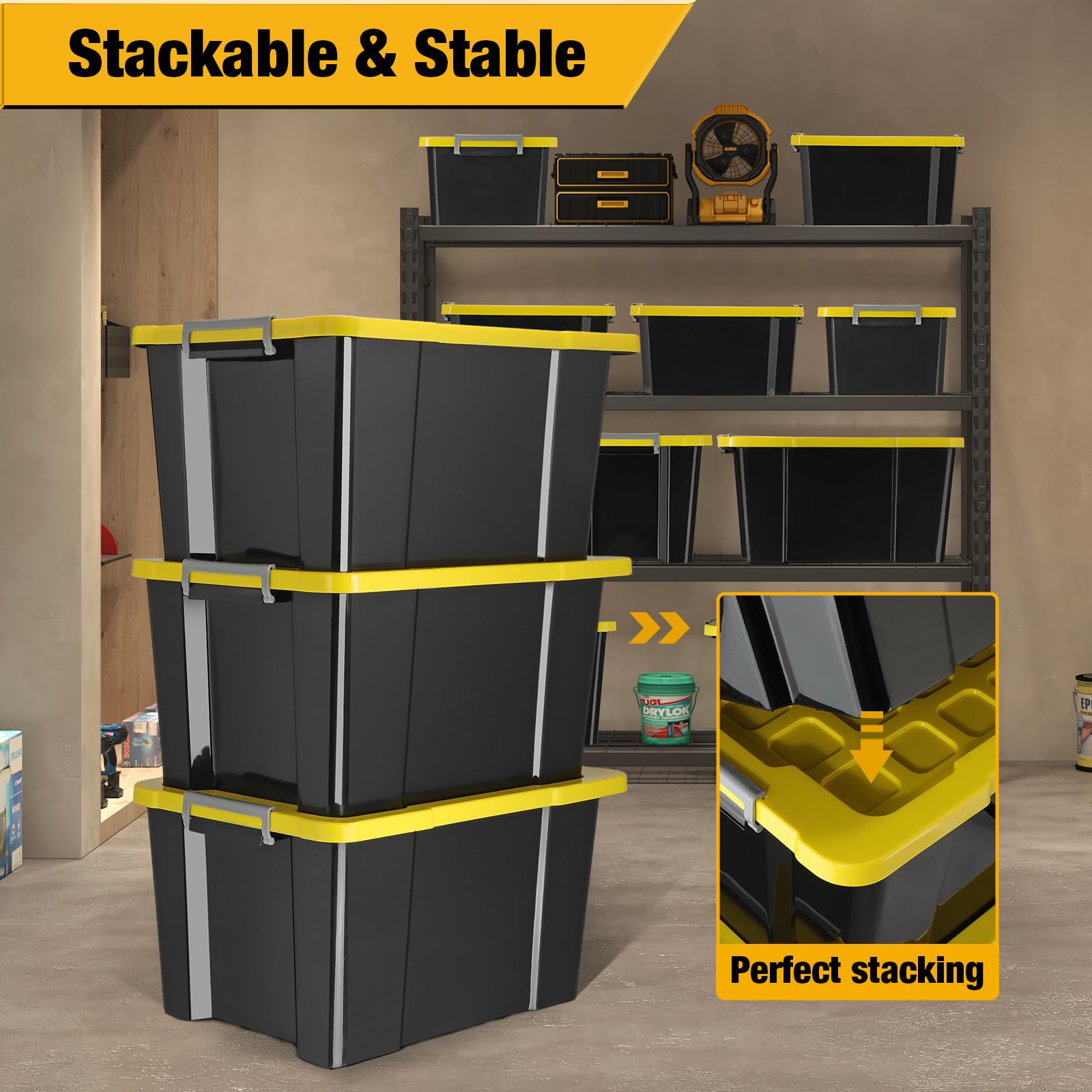 BROVIEW V12 16Gal Heavy Duty Storage Bins with Latching Lids, Stackable Plastic Tough Tote Containers with Handles for Tools Camping Hunting Sporting Goods Organizing (Black Base/Yellow Lid, 4Pack)