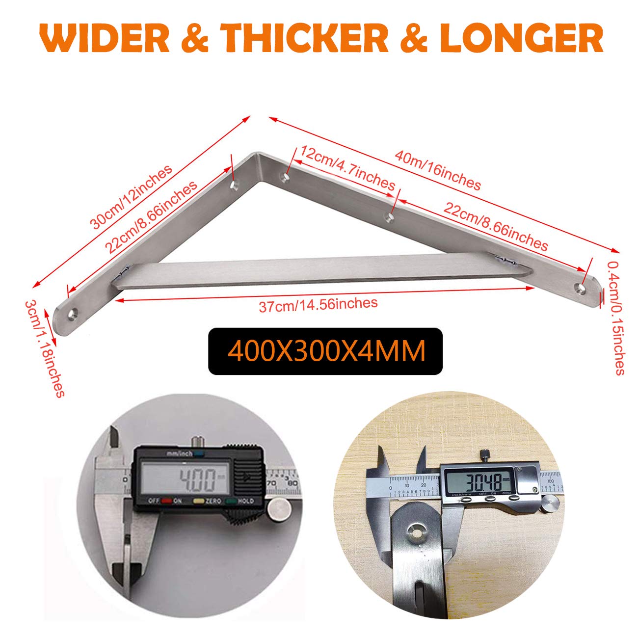 CLT Shelf Bracket 16β x 12" Max Load: 550 lb Heavy Duty Stainless Steel Solid Shelf Support Corner Brace Joint Right Angle Bracket, Space Saving DIY Bracket Pack of 2