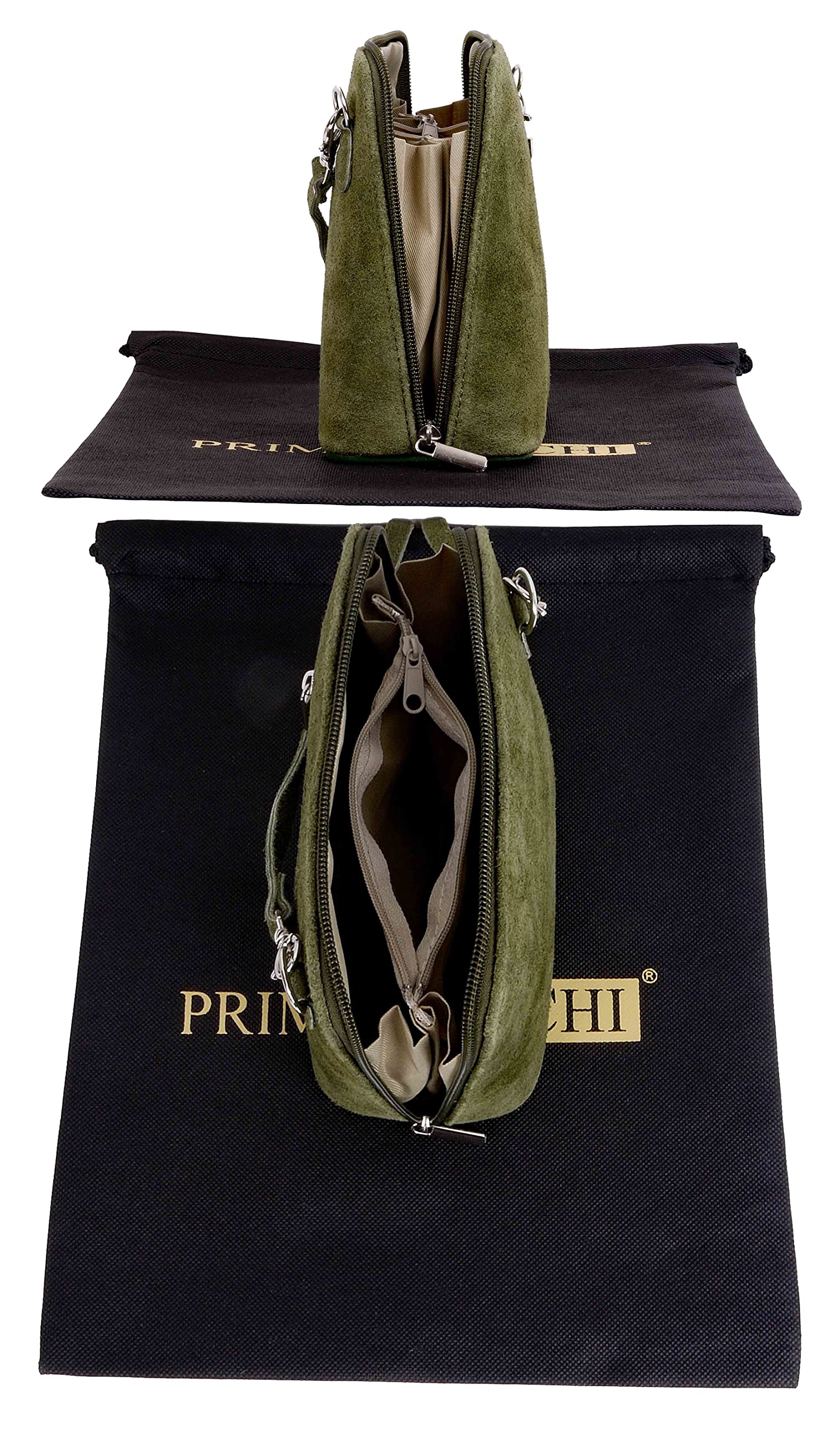 PRIMO SACCHI Ladies Italian Suede Leather Small Micro Olive Green Crossbody Shoulder Bag Handbag Purse