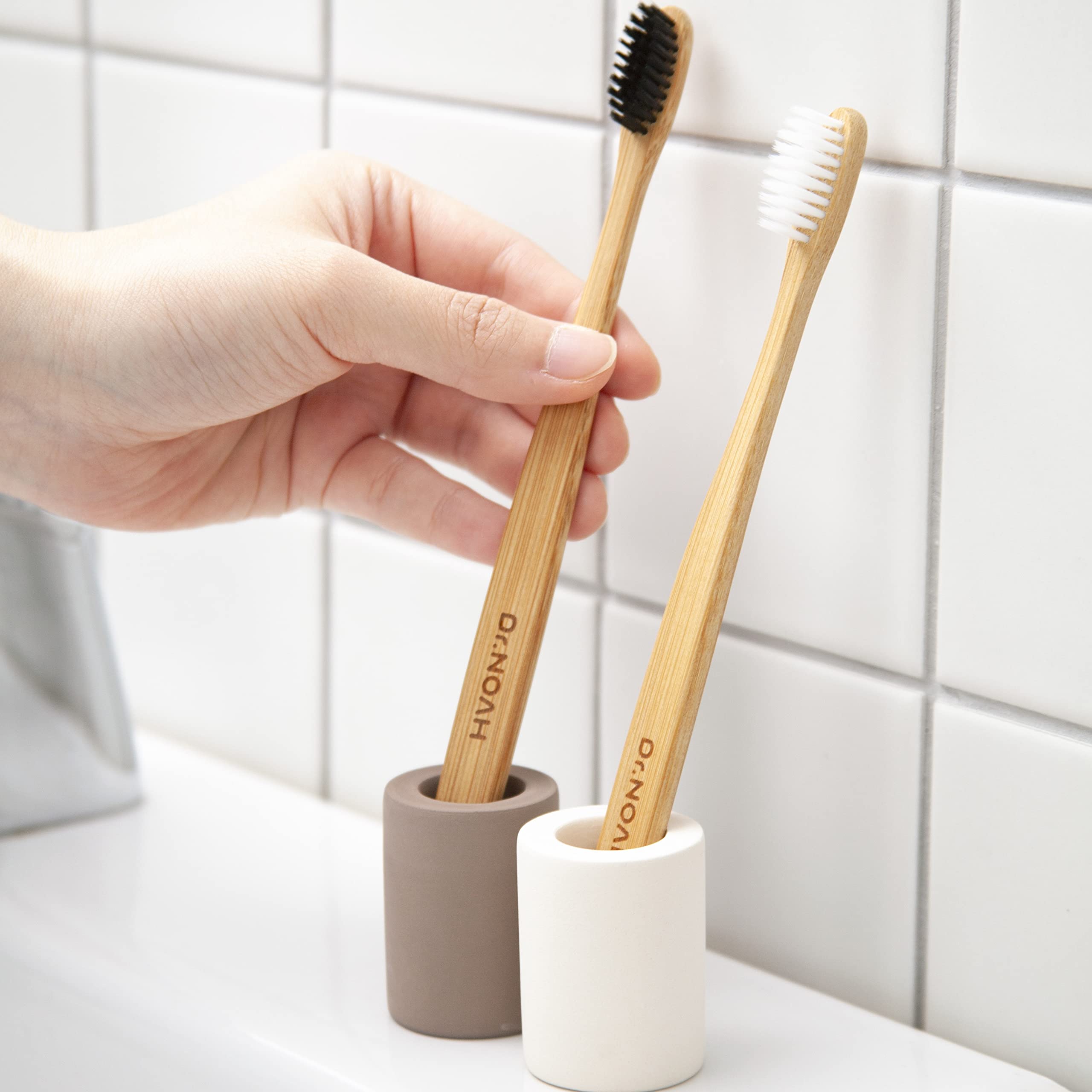Dr.NOAH Ceramic Toothbrush Holder (2 Pack) & Maru Bamboo Toothbrush, Compact (6 Pack) | Diatomite Fast Drying Toothbrush Holders for Bamboo Toothbrushes
