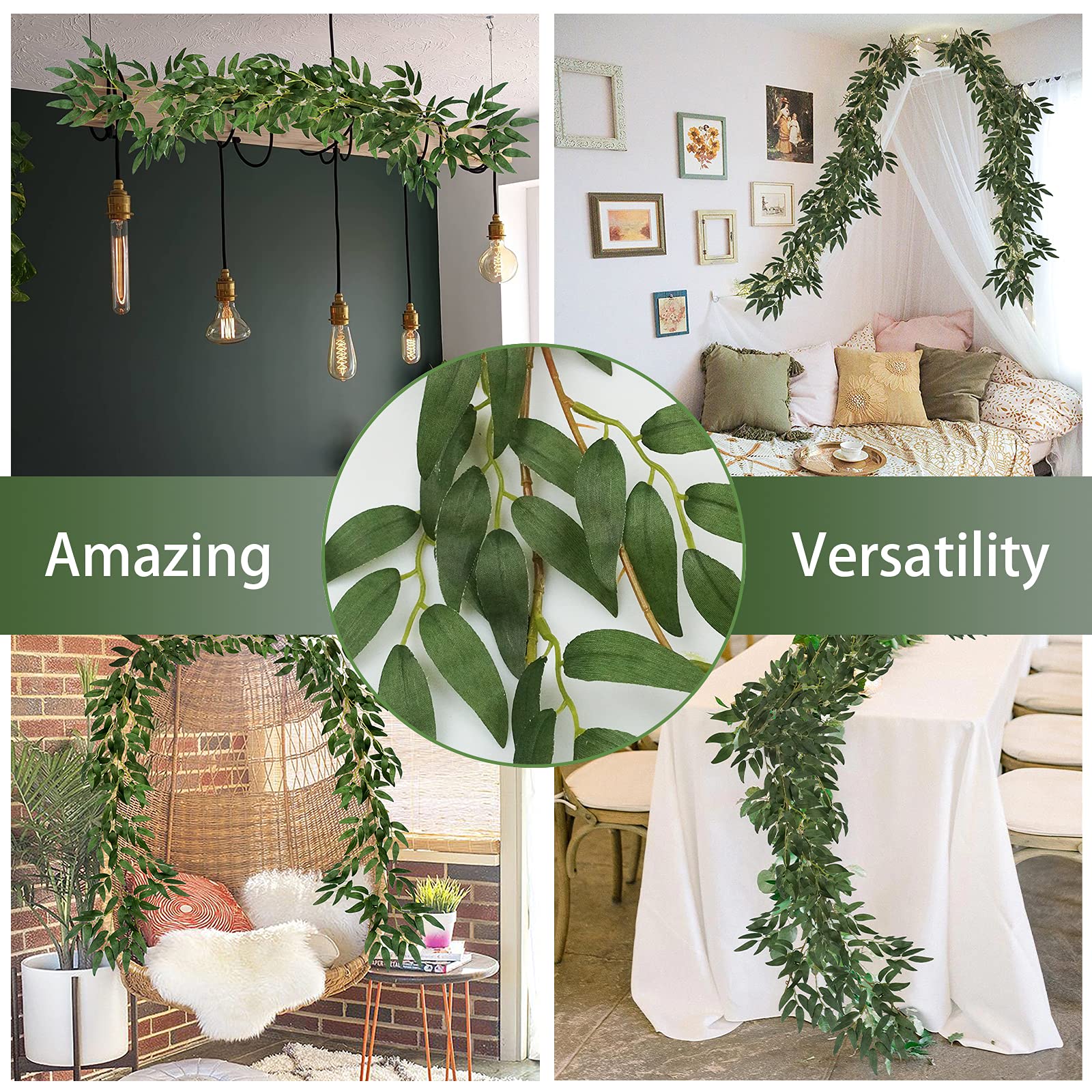 Uieke 3pcs 17.7ft Artificial Vines Fake Greenery Garland Willow Leaves with Total 60 Twigs Stems Hanging Plants String for Indoor Wedding Party Home Garden Wall Garden Decoration