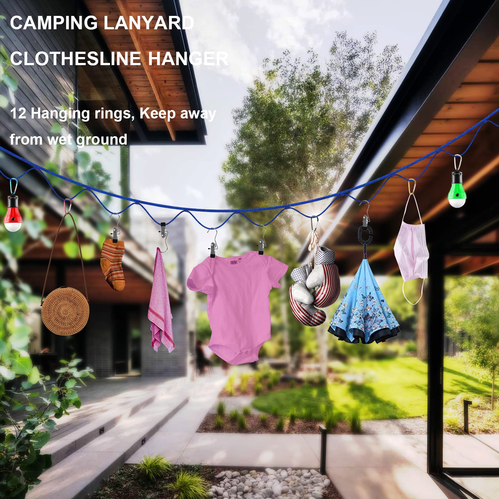 Camping Accessories Campsite Storage Strap, with 2 LED Camping Lights, 16ft Adjustable Tent Camping Lanyard Rope Clothesline, for Outdoor Hammock Hanging Camping Gear and Equipment, Tent Accessories