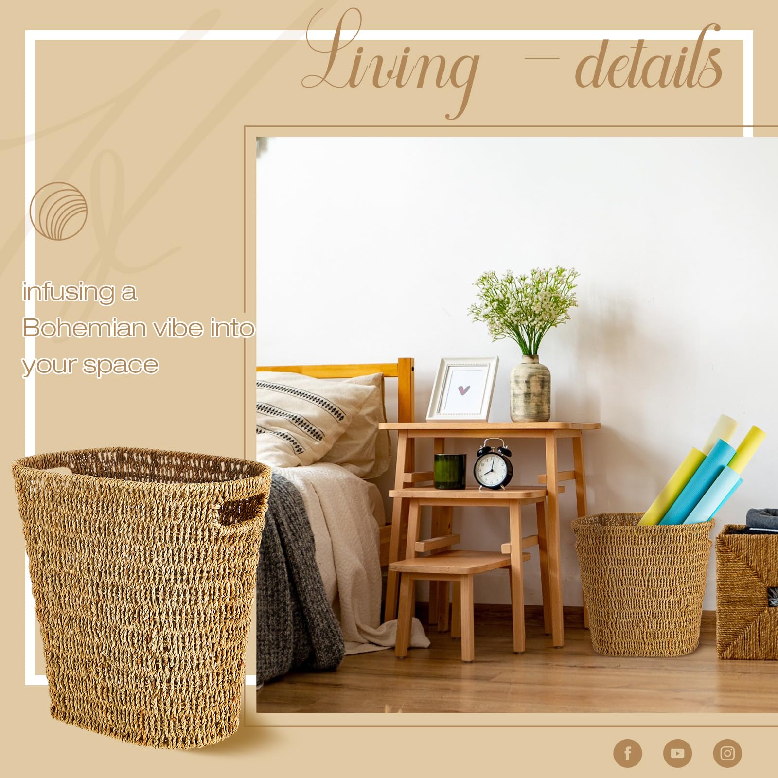 Hushee 2 Pcs Wicker Waste Basket Wicker Trash Basket with Built in Handles Boho Woven Trash Can Decorative Oval Trash Bin for Bedroom Essentials Bathroom Offices Home(Brown, Plastic Water Hyacinth)