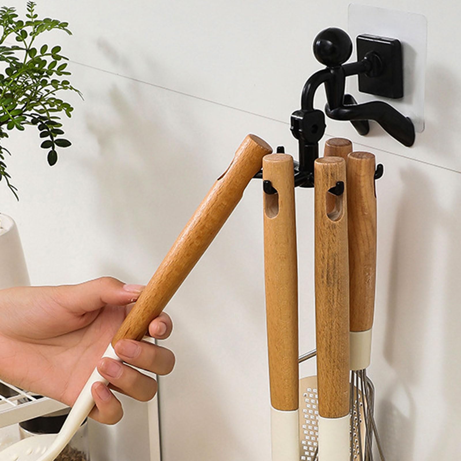 INCREWAY 4pcs 6-Claw Nail-Free Rotating 360° Rotating Folding Hooks in The Shape of Small People Shelf Adhesive Hook for Kitche,Black
