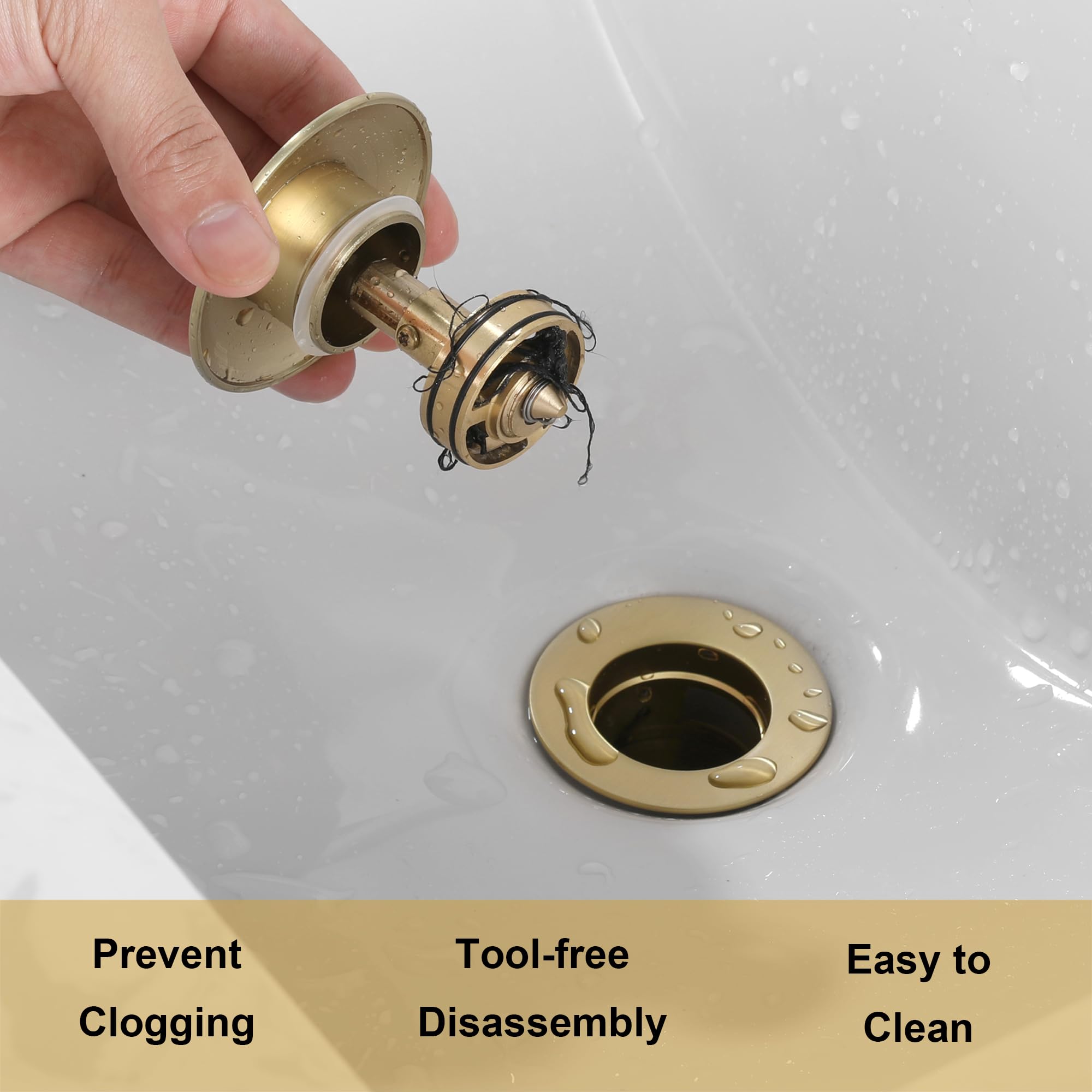 Indare Bathroom Sink Drain with Strainer Basket Anti Clog Pop Up Drain Stopper Vanity Vessel Sink with Overflow,Brushed Gold