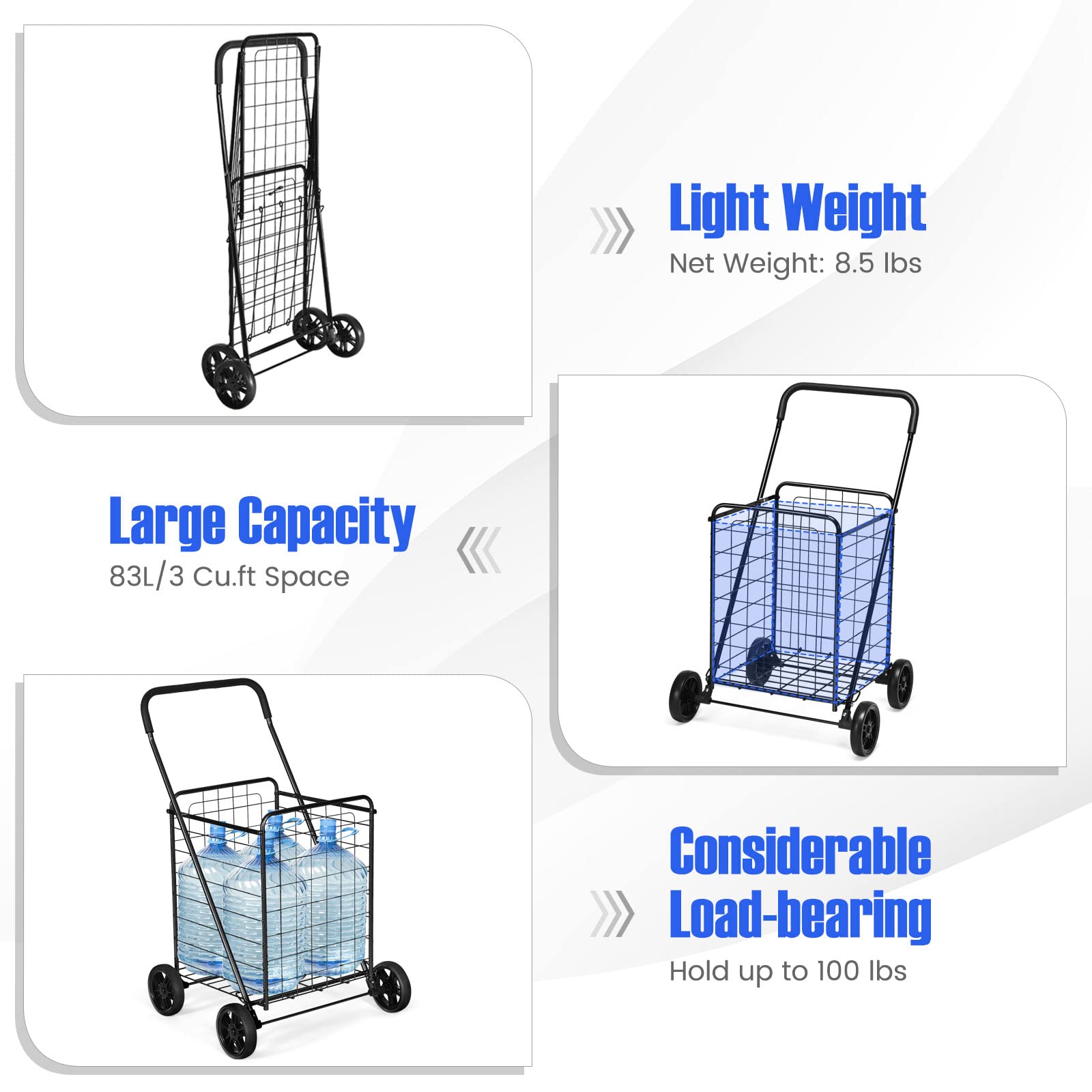 COSTWAY Folding Shopping Cart, Heavy Duty Grocery Utility Cart with Foam Wrapped Handle & Large Wheels, Versatile Rolling Cart with 22 Gal Metal Basket for Warehouse, Supermarket & Laundry