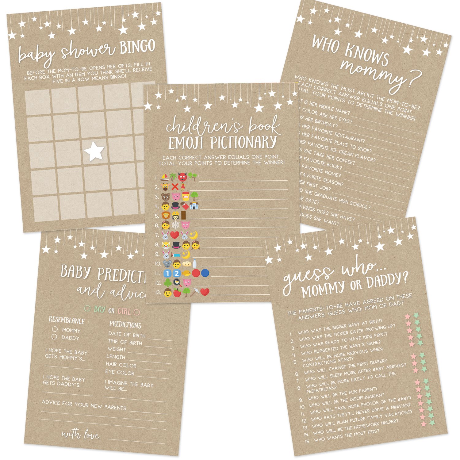 Printed Party Baby Shower Games for Boy or Girl – 5 Games & Activities, Rustic Kraft Paper Theme, 50 Guests