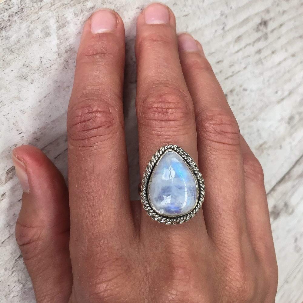 CHWLNJN S925 Sterling Silver Color Moonstone Ring Women's 18K Gold-Plated Handmade Drop-Shaped Synthetic Moonstone Ring Victorian Style Solitaire Ring Vintage Ring Size 6-10 (9)