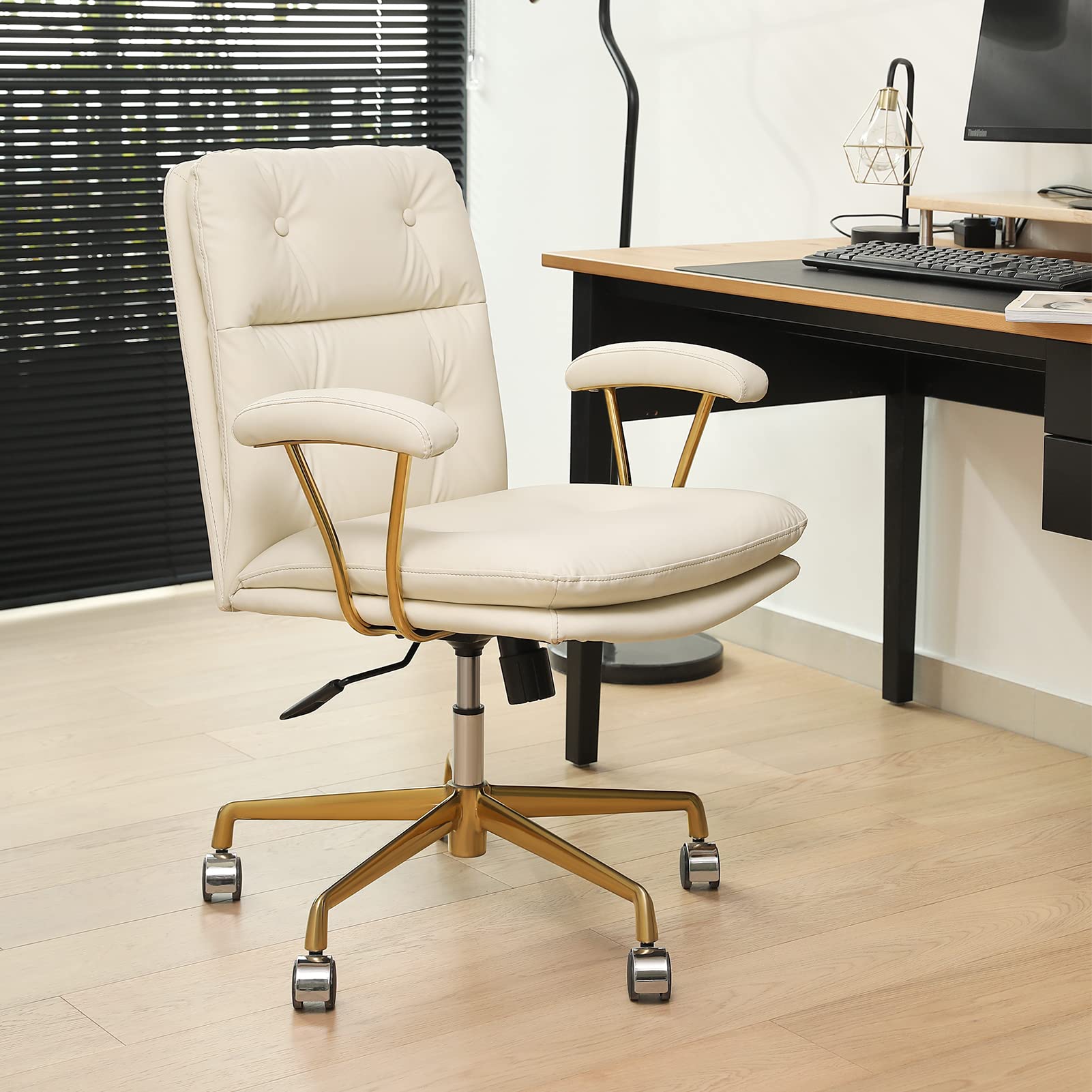 EMIAH Modern PU-Padded Office Desk Chair Ergonomic Computer Desk Chairs with Wheels and Arms Mid-Back Executive Rolling Task Chair with Elegant Button Tufted Design