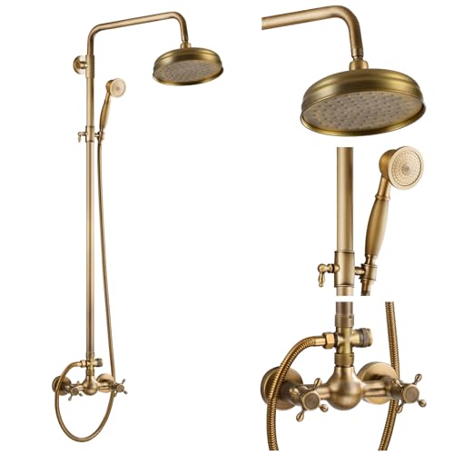 gotonovo Antique Brass Exposed Shower Fixture Set 8 Rain Shower Head 2 Double Knobs Cross Handle Shower Faucet Combo System Unit Set Dual Function