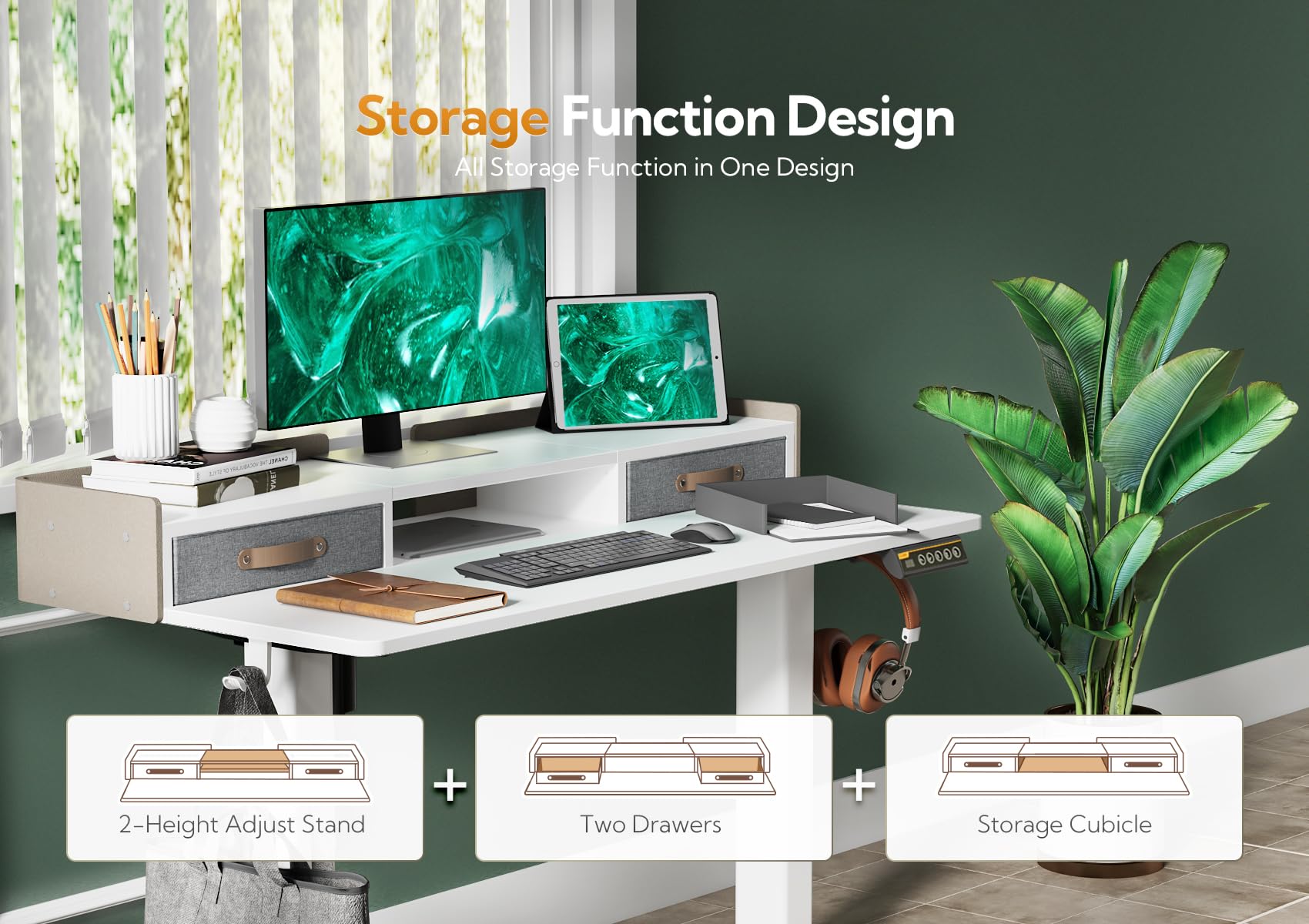 Claiks Standing Desk with Drawers, Stand Up Electric Standing Desk Adjustable Height, Sit Stand Desk with Storage Shelf and Splice Board, 55 Inch, White