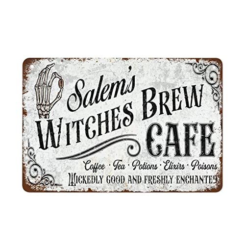 Witches Brew Cafe Sign Halloween Wall Decor Medieval Vintage Farmhouse Wall Art Witch Decor Skeleton Sign Large Canvas Wall Art Retro Metal Tin Sign Vintage Aluminum Sign for Home Coffee 12 x 8 Inch