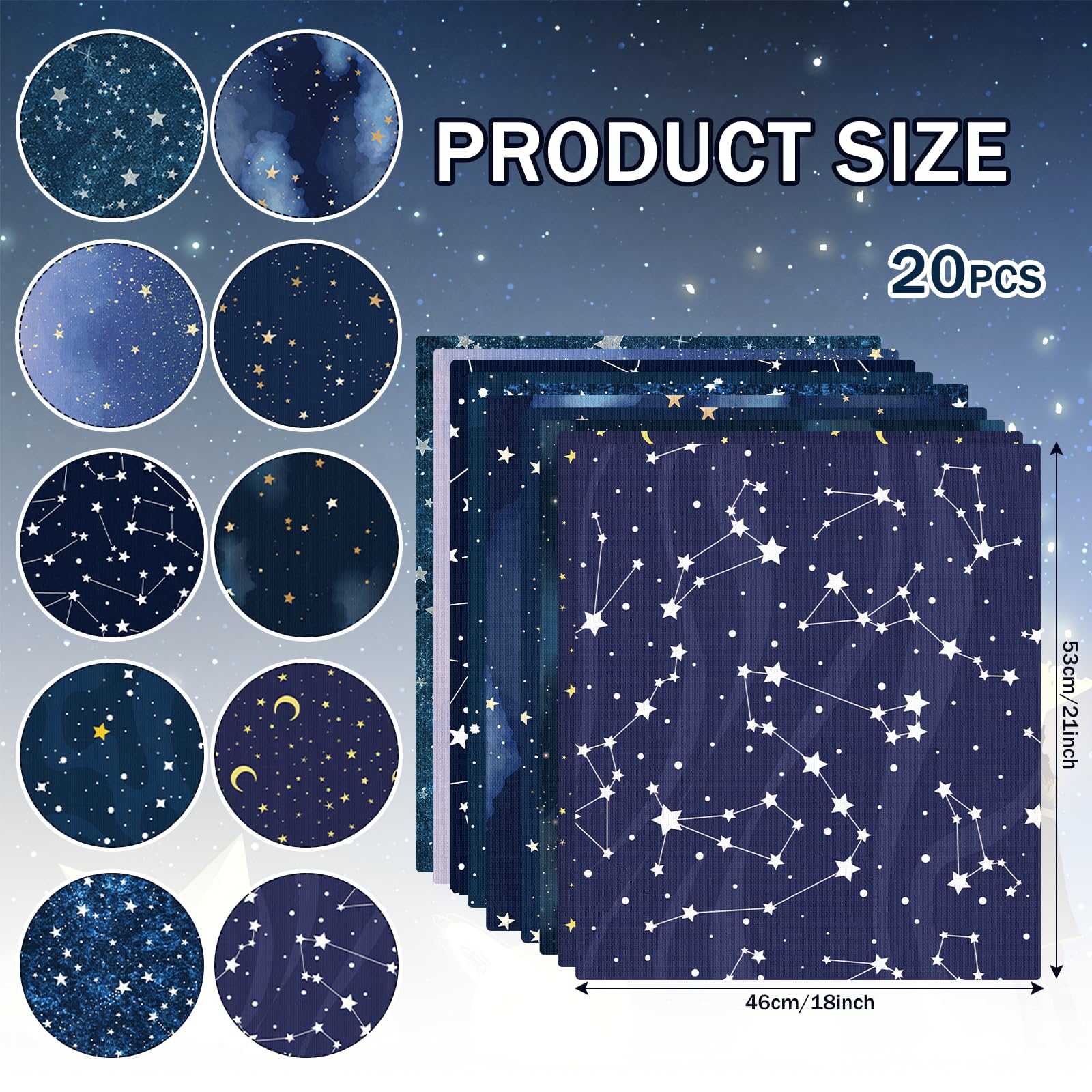Buryeah 20 Pcs 18" x 21" Cotton Quilting Fabric Fat Quarters Fabric Bundles Fabric of The Universe for Quilting Sewing DIY Quilt Beginners Quilting Supplies Fabric Squares