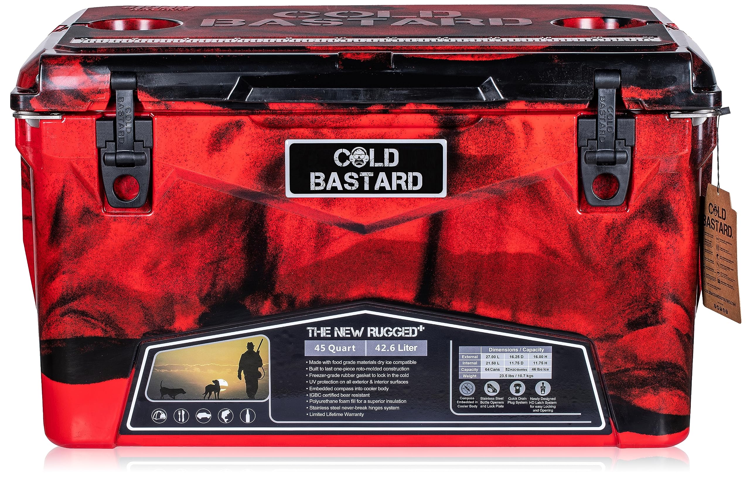 COLD BASTARD COOLERS 45QT Cold Bastard Rugged+ CAMO Red Best Premium Ice Chest Cooler Accessories Free S&H, CB45-CR