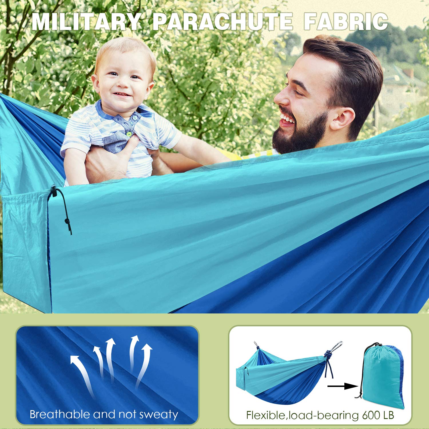 Camping Hammock, Double & Single Hammock with Bug Net/Mosquito, with Travel Portable Tree Straps and Carabiners, Easy Assembly, Lightweight Parachute Nylon Hammocks for Backpacking, Beach, Hiking