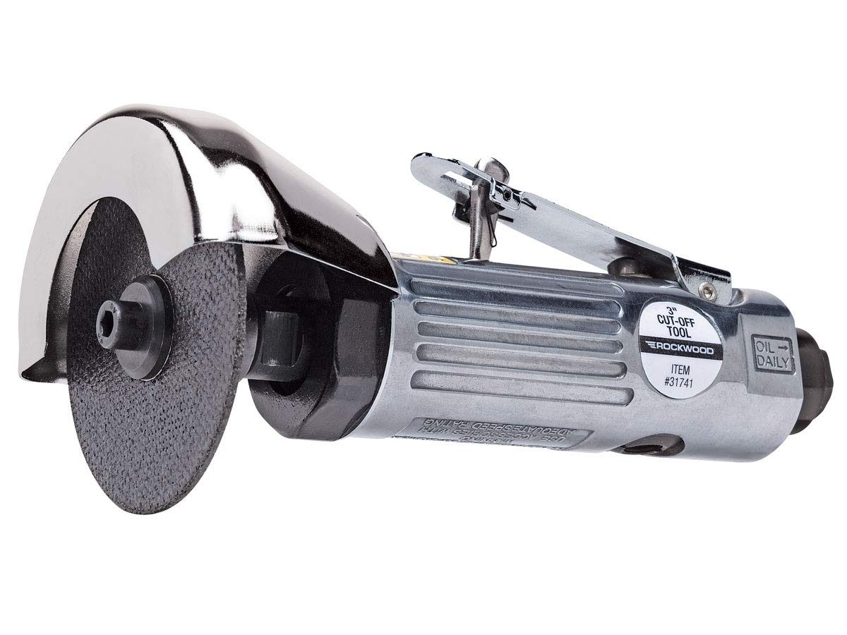 Eastwood Rockwood 3 in. Air Cut Off Tool Pneumatic With Wheel Grinder Sheet Metal Cutter Heavy Duty Reversible Air Utility Power Metal Cut Off Tool Kit Air Push Metal Cutting Tool