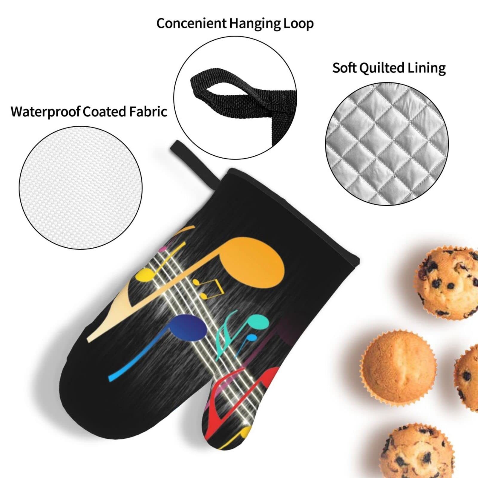 Colorful Musical Note Oven Mitts and Pot Holders Sets of 3 Washable Heat Resistant Hot Pads Non-Slip BBQ Gloves for Kitchen Cooking Baking Grilling