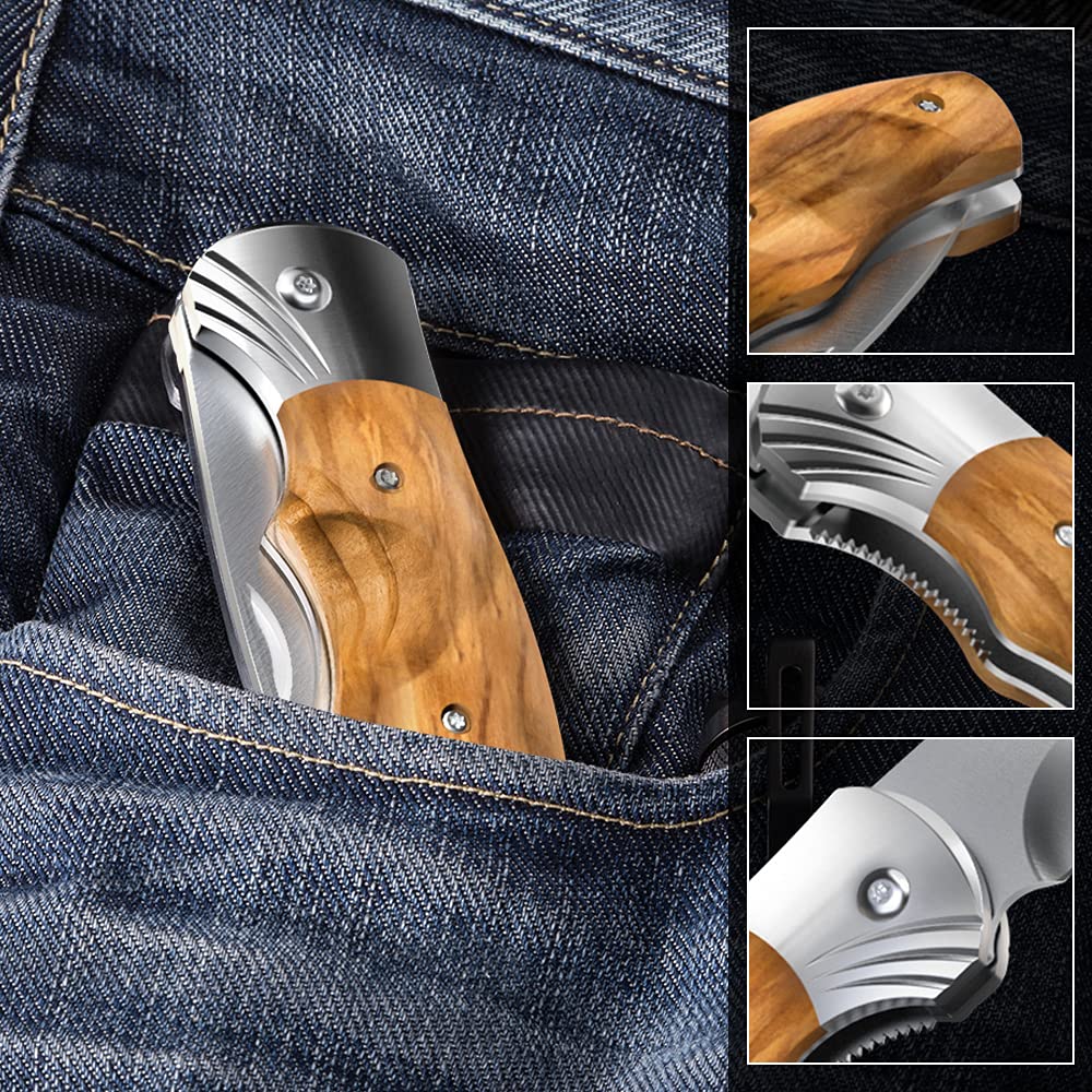Bundle of 2 Items - Gentlemanās Folding Knife Pocket Knife Knives Knofe Wood Handle Sharp Blade - Pocket Knife for Men - Best Folder for Camping Hunting - Travel Accessories Gear- Pocket Knife Gift