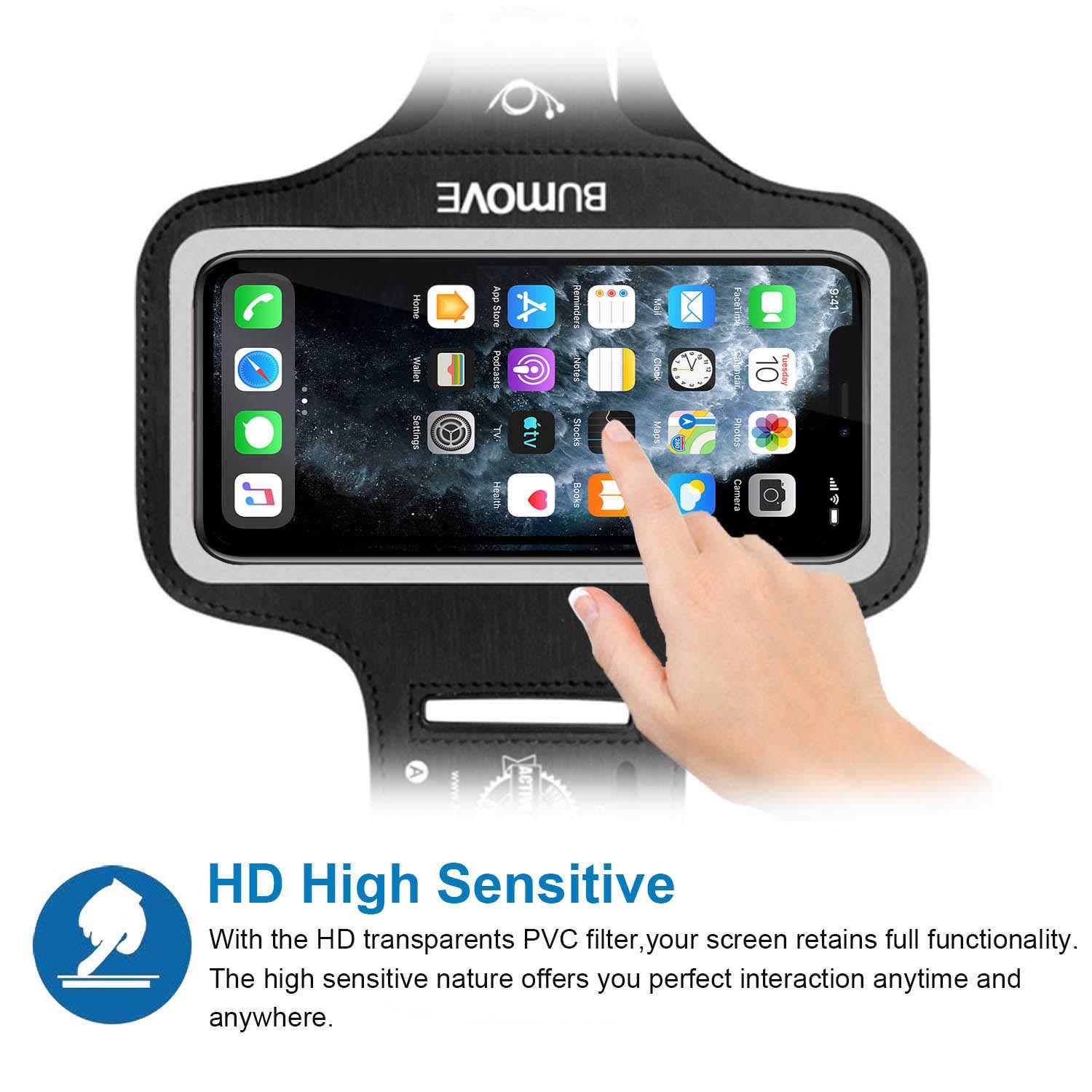 BUMOVE Running Armband for Samsung Galaxy M54 /A34 for iPhone 15/14/13/12/11Pro Max,XS Max,Sports Workouts Phone Arm Band with Card Holder (Black)