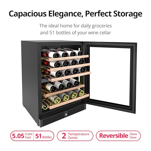Frostronics 24 Inch Dual Zone Wine Refrigerator, 51 Bottles Under Counter Built-In or Freestanding Wine Cellar, Wine Cooler with Quiet Compressor Cooling and Reversible Glass Door, Fits Large Bottle