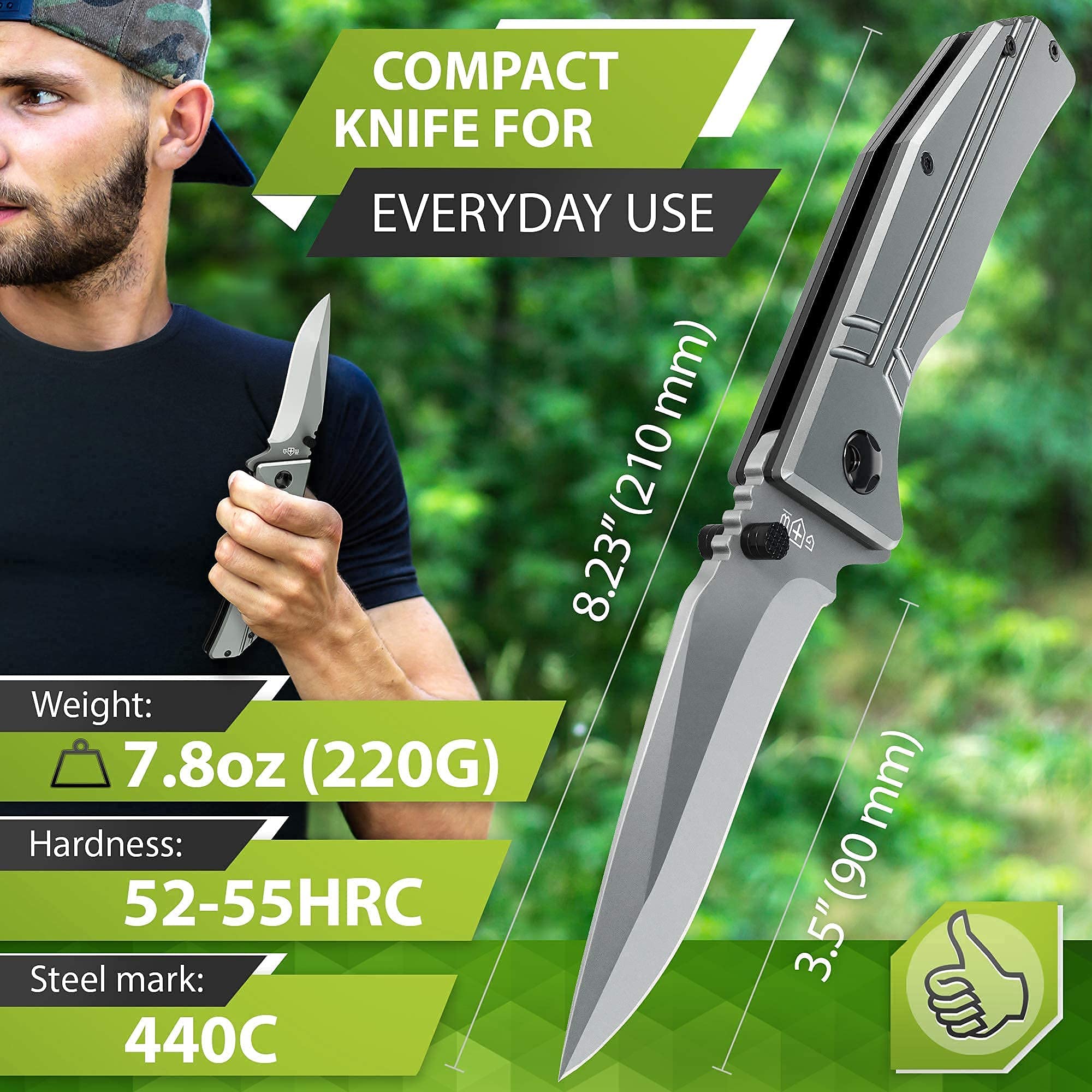 Bundle of 2 Items - Pocket Folding Knife - Military Style - Pocket Knife - Tactical Knife - Camping Hunting Knofe - Gray EDC Knife with Pocket Clip - Gift for Men - Stocking Stuffers
