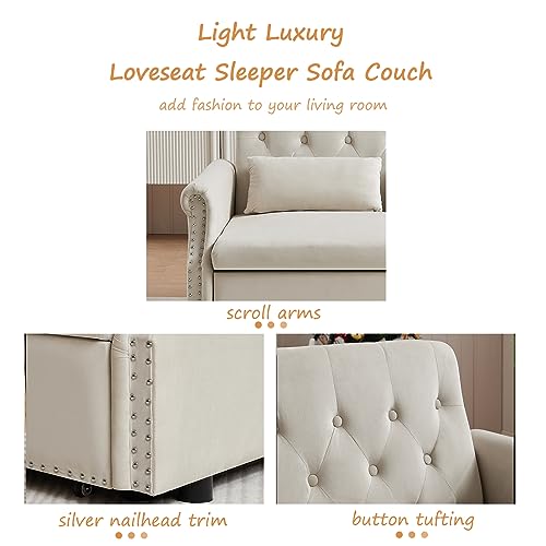Meesifeel 55" Queen Sleeper Sofa, 3 in 1 Convertible Sofa Bed, Comfy Velvet Loveseat, Adjustable Backrest Futon Sofa Bed, Pull Out Couch, Lounge Sofa Chair Bed, Beige Sofas for Living Room Bedroom