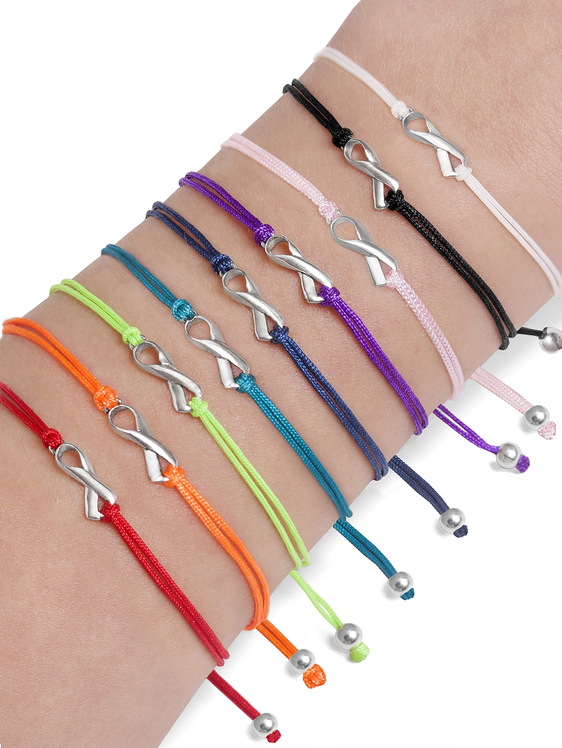 Claudia Lira Joyas Pink Breast Cancer Awareness Thread Friendship Support Bracelet, Small Handmade Sterling Silver Ribbon Shaped Charm, Adjustable Cord