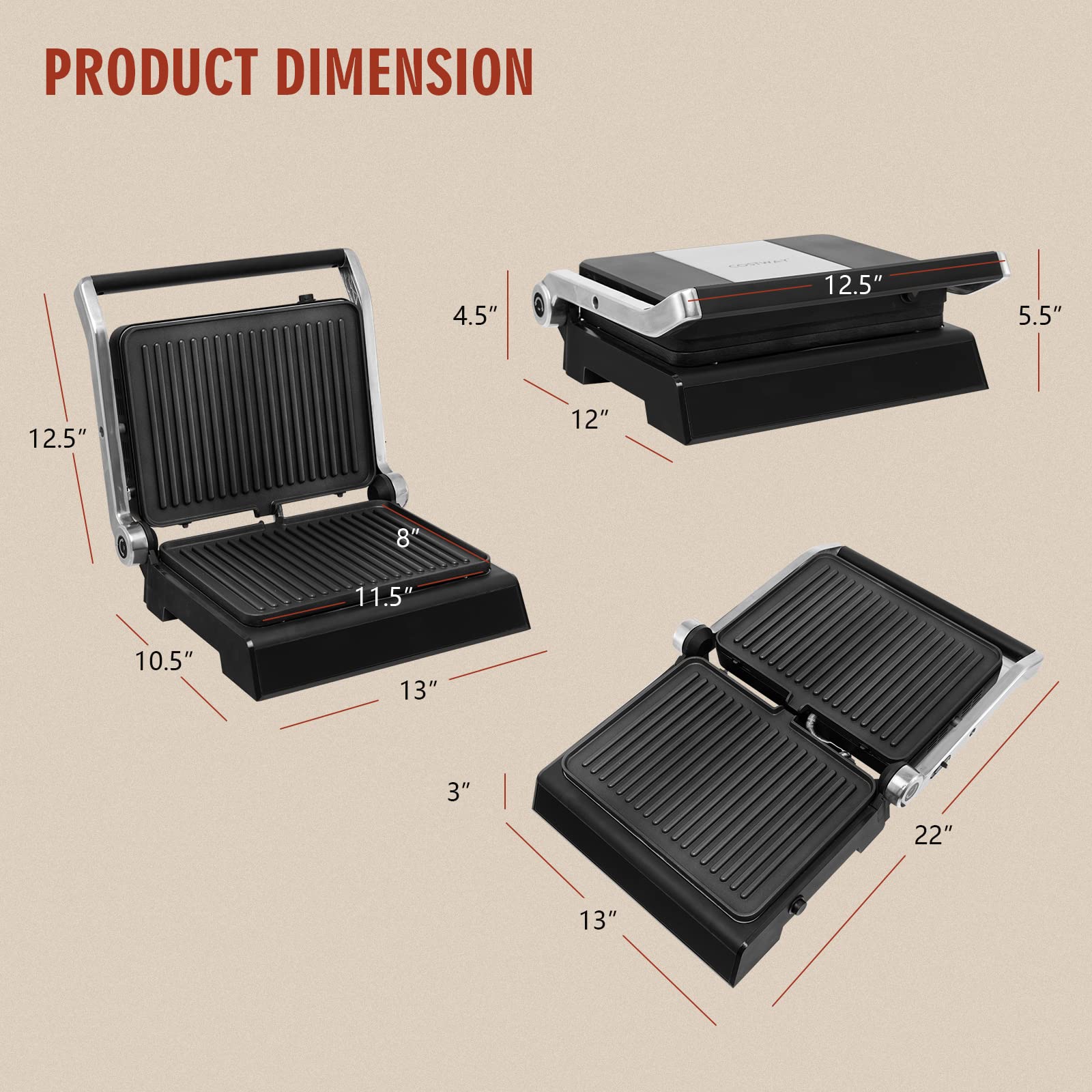 COSTWAY Electric Panini Press Grill, 1200W Sandwich Maker with Non-Stick Double Sided Plates, Independent Temperature Control & Removable Drip Tray, Opens 180 Degrees to Fit Any Size of Food