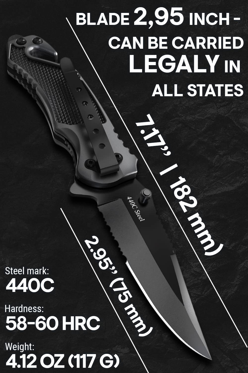 Bundle of 2 Items - 2,95β Serrated Blade Pocket Knife - Black Folding Knife with Glass Breaker and Seatbelt Cutter - Small EDC Knife - Dull Not-Sharp Blade - Skeleton Dull Trick Butterfly Knifes