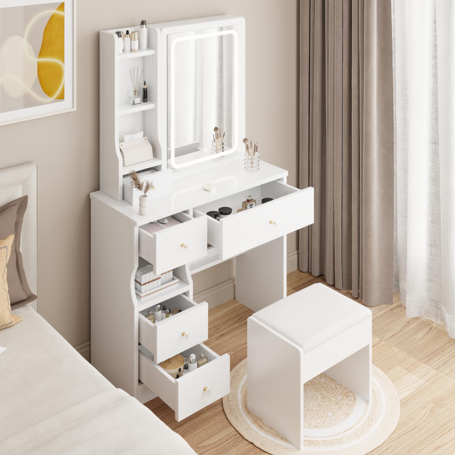 Elevon Small Makeup Vanity Desk with Sliding Mirror LED 3 Lighting Adjustable, Vanity Table Set with 5 Storage Drawer & Chair & Shelves Bedroom Furniture, White