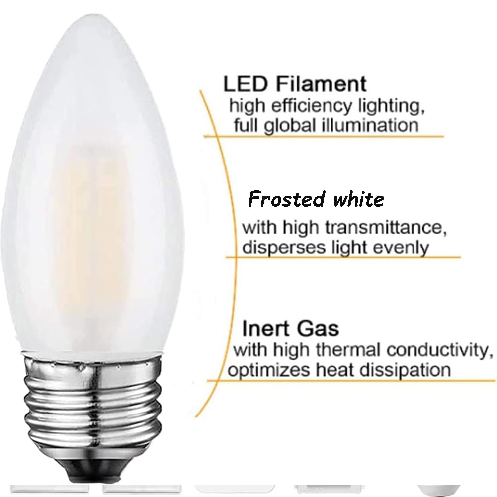 Jacqings E26 Candelabra Light Bulbs Frosted Chandelier Light Bulbs 25watt Equivalent 2700K Warm White B11 Torpedo Tip Dimmable 2W LED Decorative Candle Light Bulbs (6)
