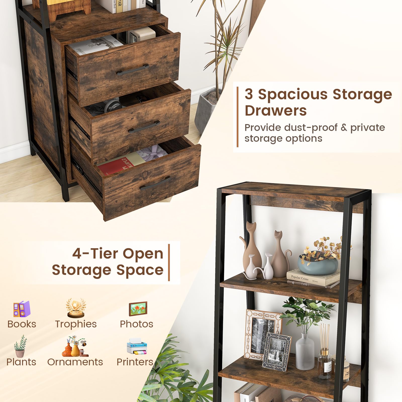 Giantex Ladder Bookshelf with Drawers, 69" Tall Wooden Bookcase with 4 Shelves, Modern Book Shelf Storage Organizer Unit, Freestanding Display Shelving Rack for Living Room, Bedroom (Rustic Brown)