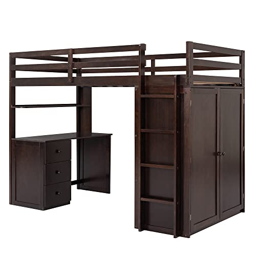 Harper & Bright Designs Twin Size Loft Bed with Desk and Wardrobe, Wood Loft Bed Frame with Storage Drawers and Full-Length Guardrails, High Loft Bed for Kids Teens Boys and Girls (Espresso)
