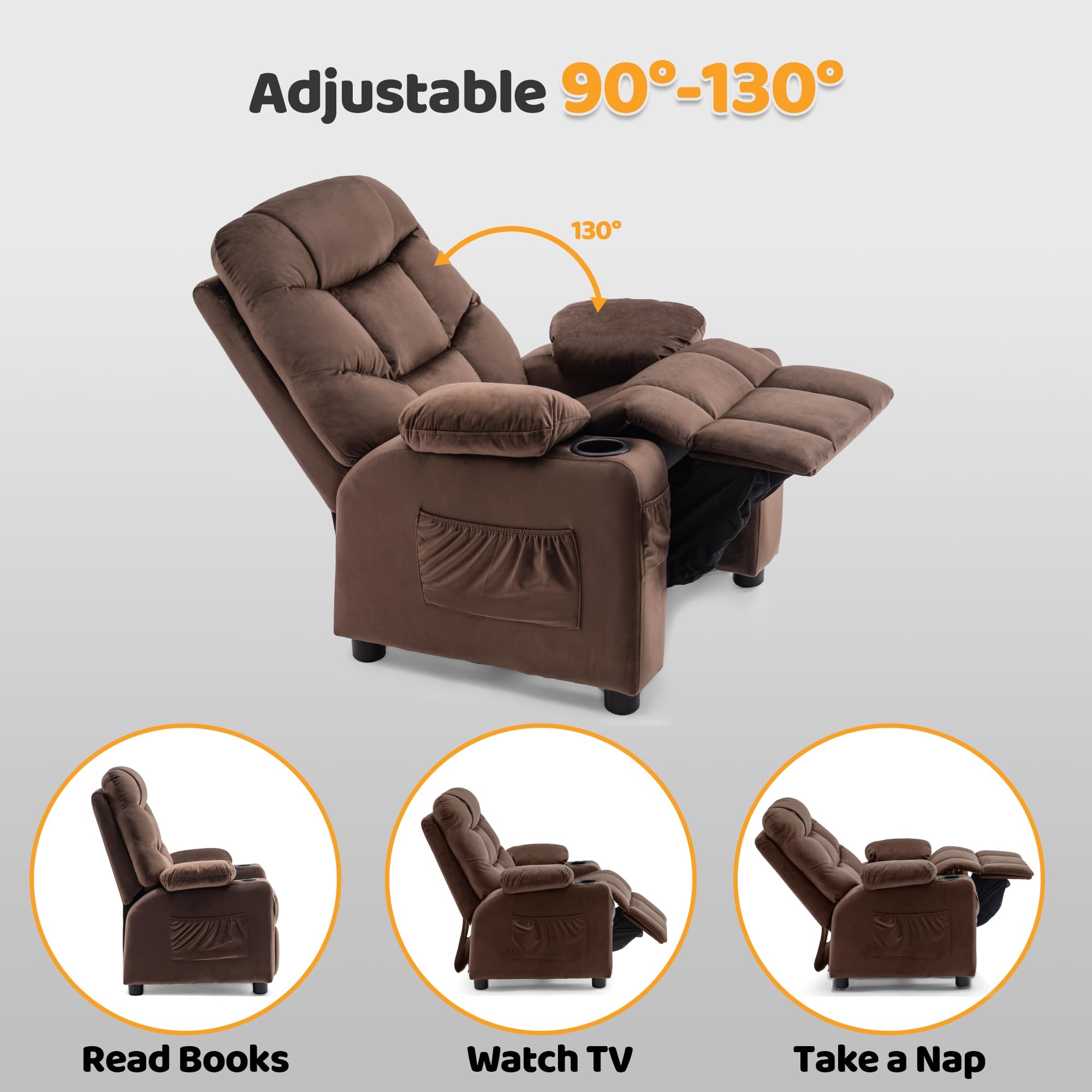 MCombo Big Kids Recliner for Ages 3+, Child Recliner Chair, Toddlers Recliner Sofa with Cup Holders (Velvet, Brown)