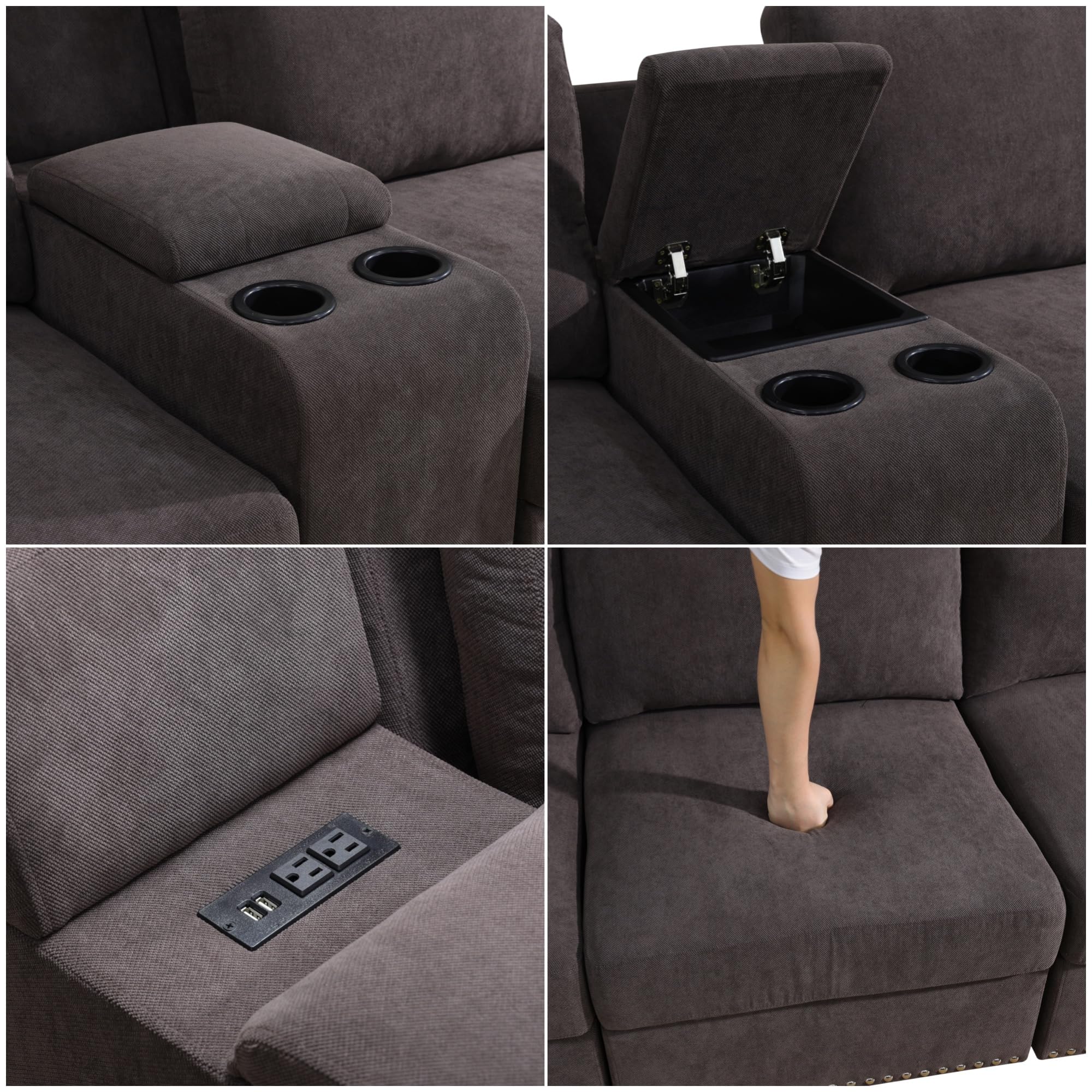 GlasFlength Sectional Sofa Couches for Living Room with Ottoman, Nail-Head Design Linen Right Facing U-Shaped Modern Couches with Cup Holder, Bedroom, Office