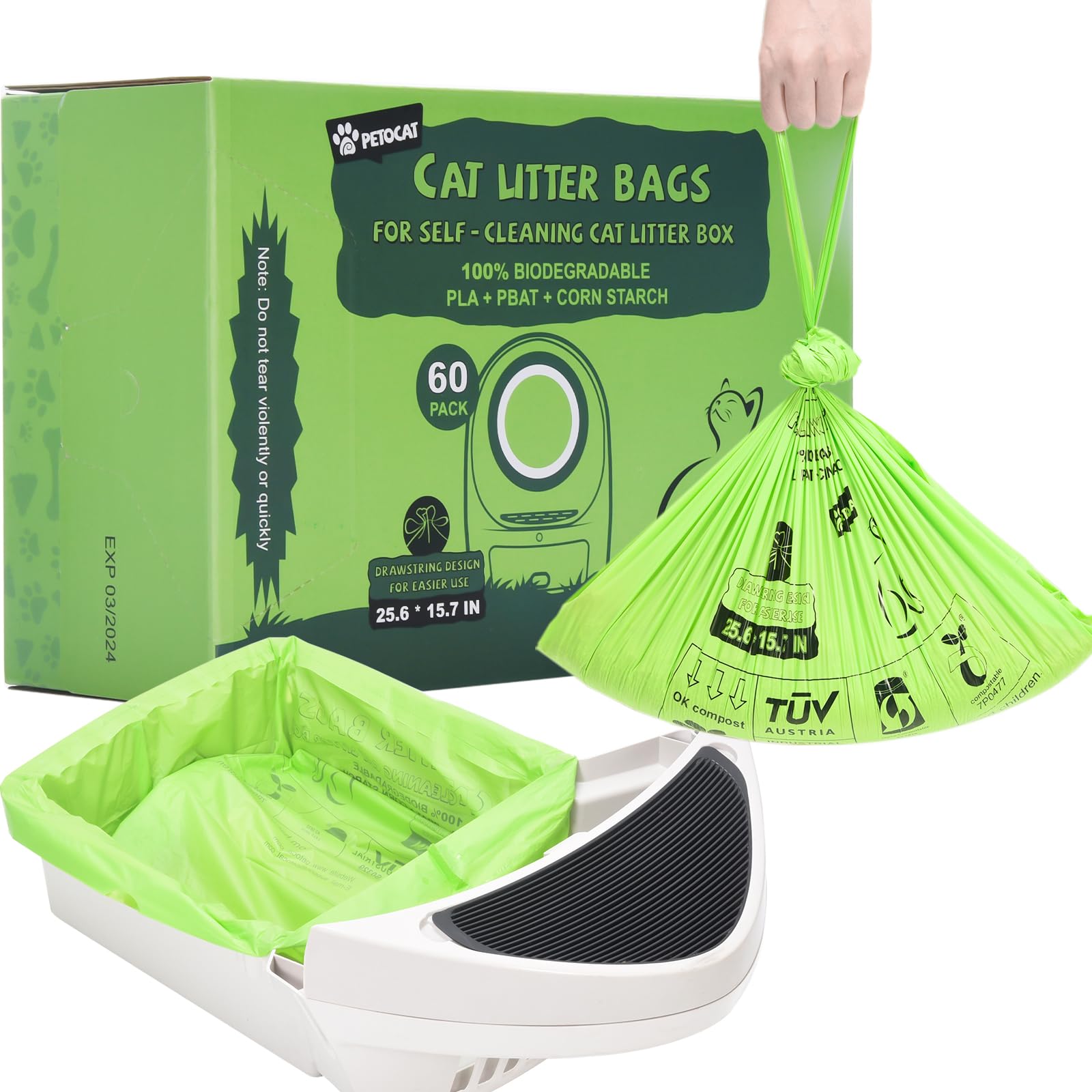 Cat Litter Bags for PET KIT Self-Cleaning Box - 90 Count Drawstring Biodegradable Automatic Drawer Waste Liners 100% Compostable Kitty Replacement Poop Bags, 5 Gal Thickened Garbage Bags for Kitchen