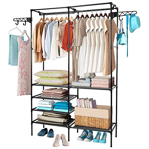KOCASO Clothes Garment Rack 42.1"x14"x66.1", Metal Clothing Rack, Freestanding Wardrobe Closet Rack with 4 Shelves, Closet Organizer with 2 Hanging Rods Black