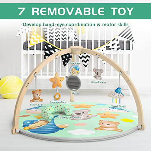 FEISIKE Wooden Baby Activity Gym & Play Mat, Stage-Based Sensory and Motor Skill Development, Thick Non-Slip Design Tummy Time Mat Washable