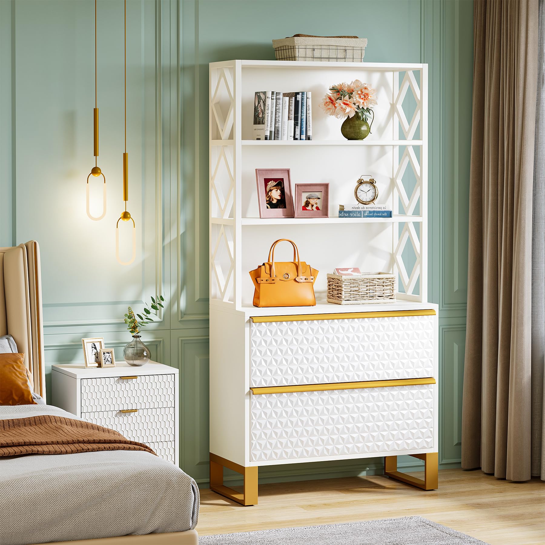 Tribesigns 4-Tier Bookshelf with 2 Drawers, 71" Tall White and Gold Bookshelf with Open Shelves & Drawer, Modern Bookcase Display Book Shelf Organizer for Bedroom, Living Room, Home Office