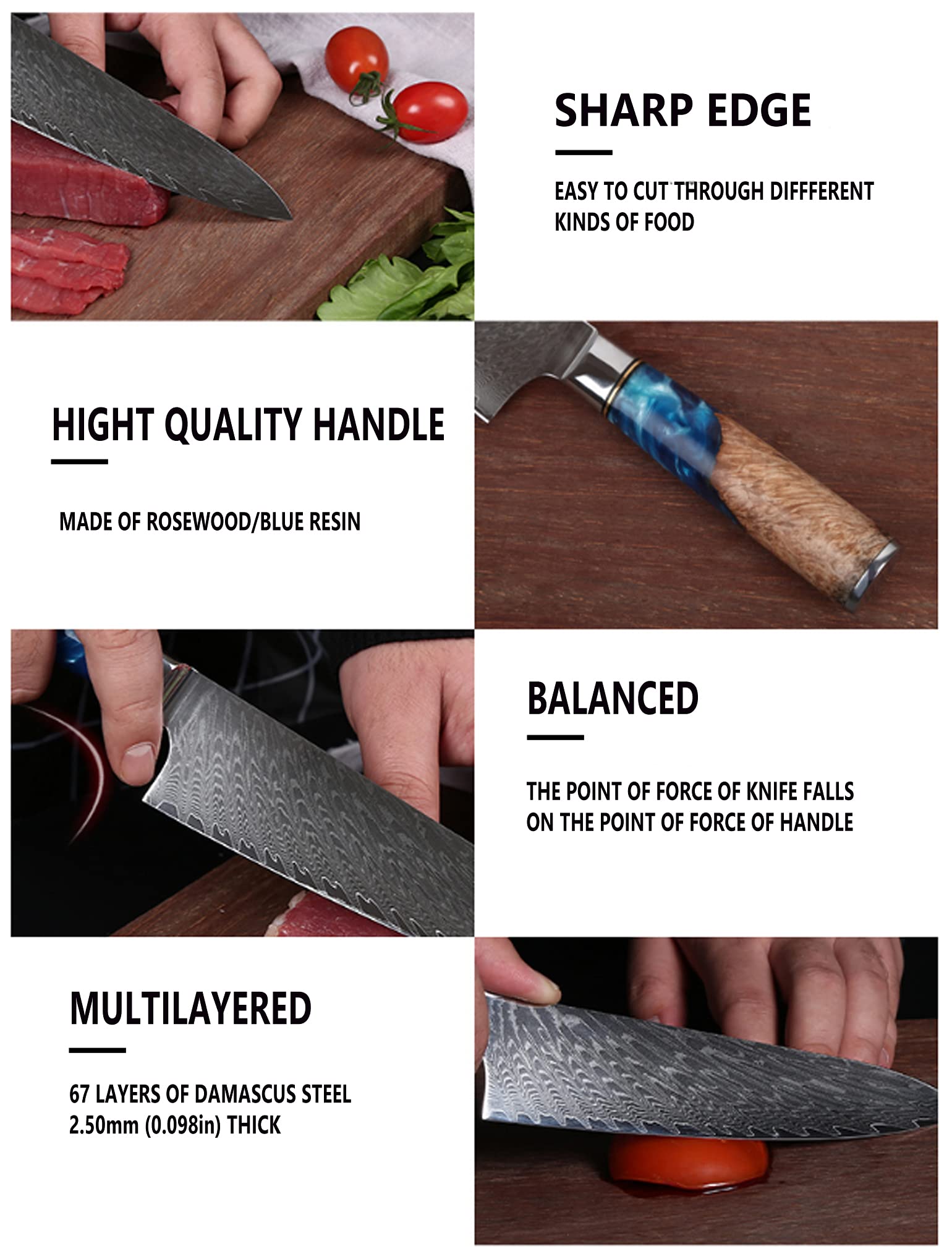 Dimashq Heavy Duty Kitchen Knife - 9.5 inch Japanese Sharp Damascus Steel Blade VG-10 Set with Resin + Color Wood Handle Kitchen Knives - Chef Knife Cooking Tools/Home/Gift