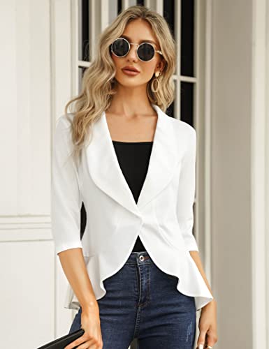 KOJOOIN Womens Casual Blazer 3/4 Sleeve Open Front Ruffle Work Office Cardigan Suit Jacket White XL