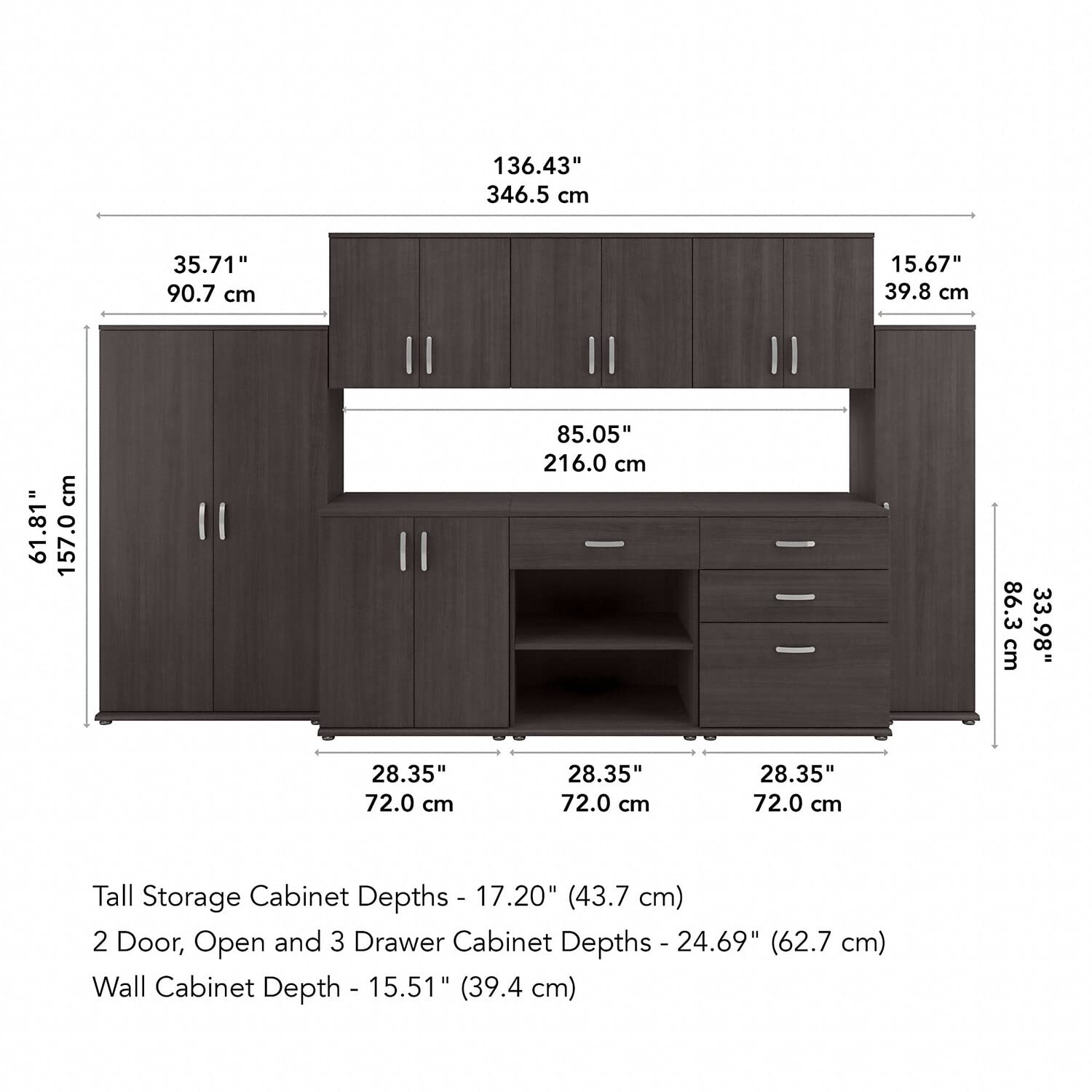 Bush Business Furniture Universal 8 Piece Modular Garage Storage Set with Floor and Wall Cabinets, Storm Gray