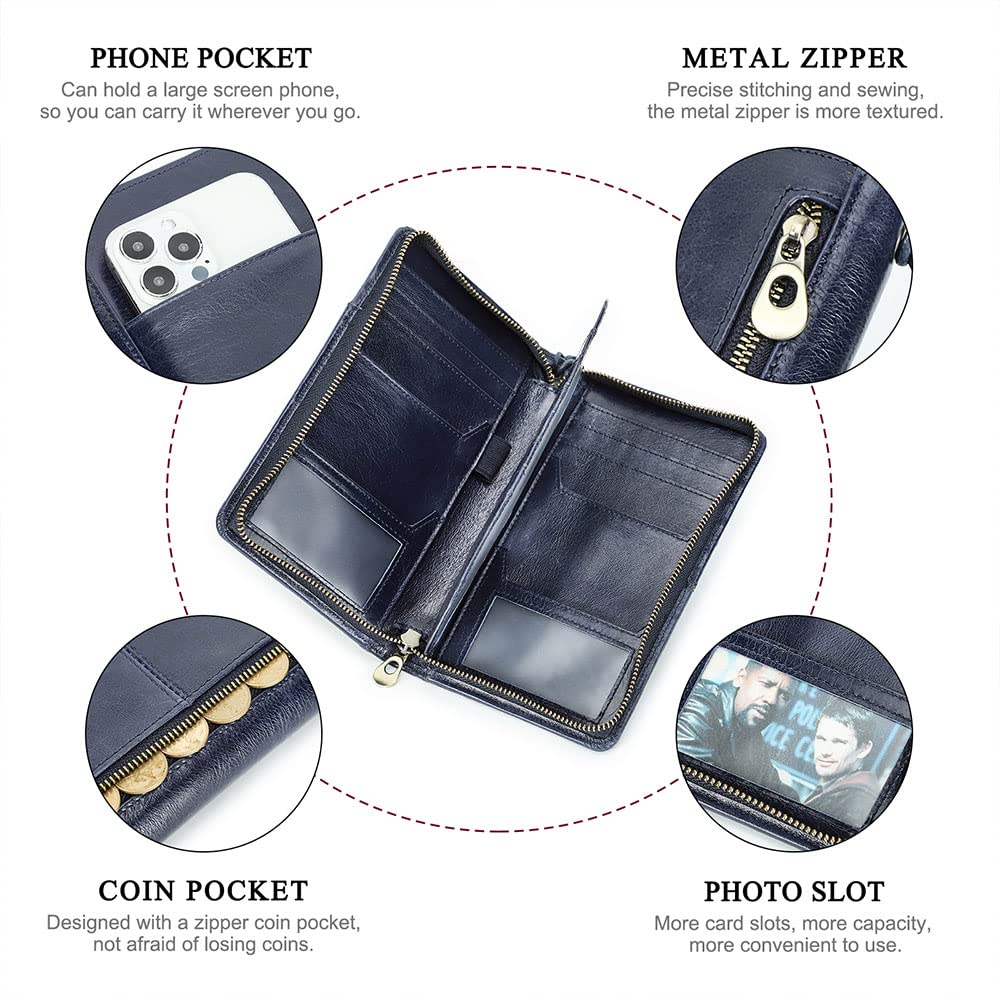 Contacts Passport Wallet Leather Family Passport Holder for 4 Travel Documents Organizer RFID Blocking Zipper Blue Card Wallet with 13 Card Slot