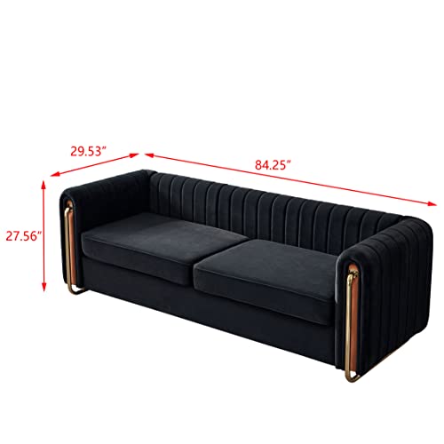 Melpomene Vertical Channel Tufted Velvet Sofa with Round Arm and Gold Metal Legs,Armrest 84.25" W(Black)