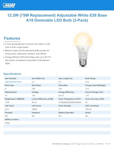 Feit Electric A19 LED Light Bulb, 75W Equivalent, Dimmable, Color Selectable 6-Way, E26 Medium Base, 90 CRI, 1100 Lumens, Damp Rated Standard Bulb, 22-Year Lifetime, OM75DM/6WYCA/2, 2 Pack