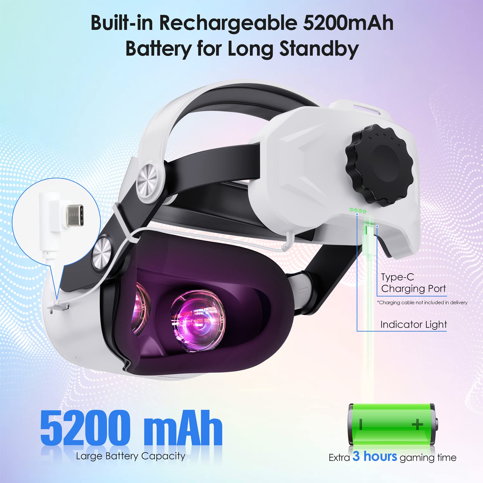 Elite Strap with Battery Pack Compatible with Meta Oculus Quest 2 Accessories 5200mAh Extend 3hrs Playtime Adjustable Head Strap Replacement Enhanced Support Comfort Fast Charging VR Power Headset