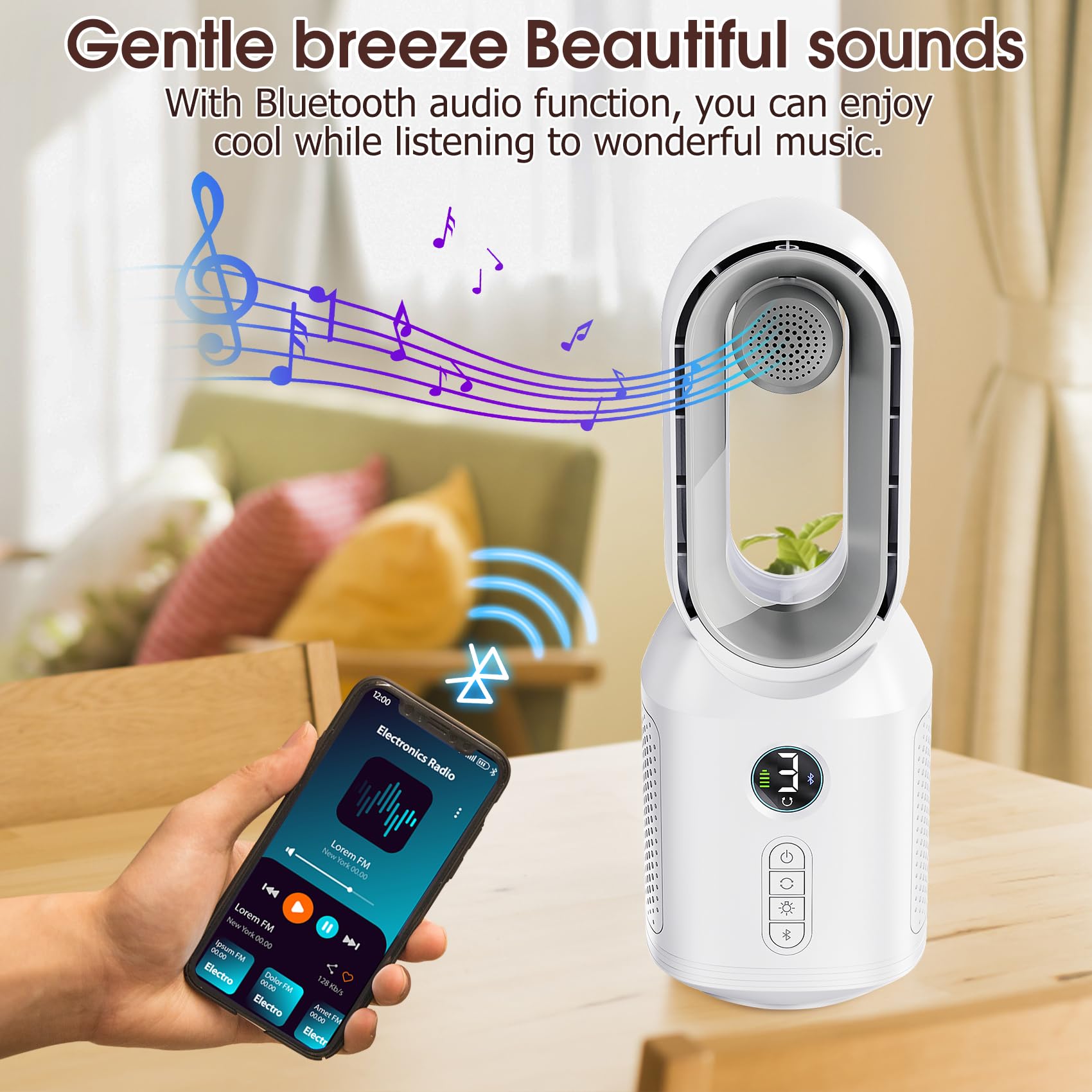 Desk Bladeless Fan with 3 Speeds, 13" Small Fan with Light, Portable Quiet Fan for Bedroom Home, Office, Travel