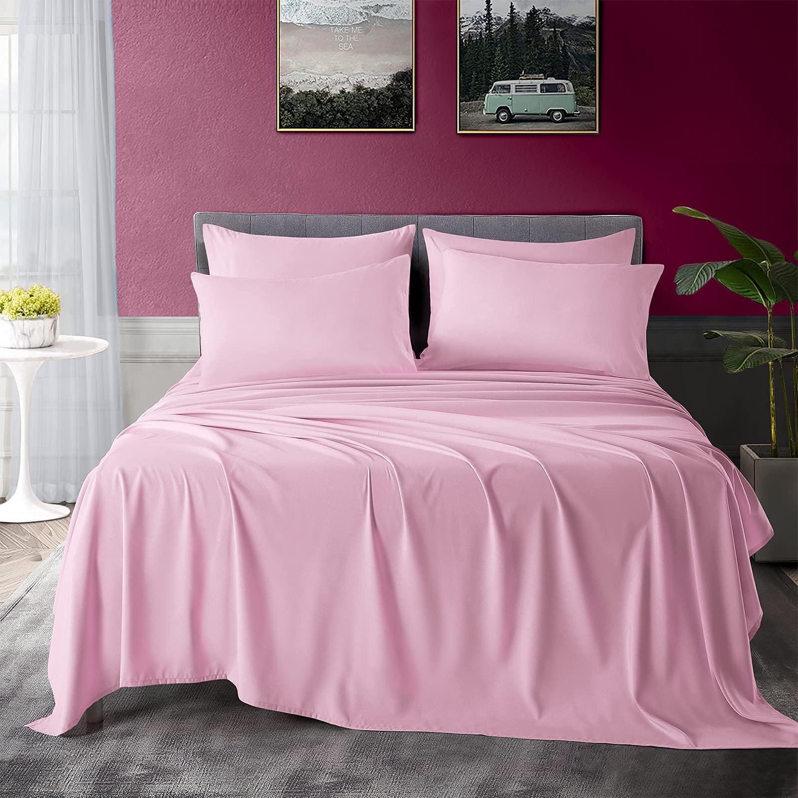 Chvonttow 6 Pieces King Size Bed Sheets Set Brushed Microfiber Sheets Set 1800 Thread Count Luxury Soft Bedding Sheets, Deep Pocket, Wrinkle, Fade Resistant (King, Pink)