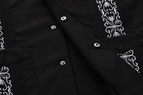 Men's Guayabera Shirts Short Sleeve Casual Snap Shirts(Black XL)